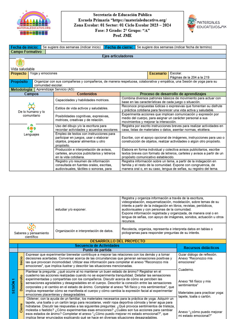 Planeacion Del 2do Grado 07 Yoga y Emociones 2023-2024 | PDF | Las emociones | Yoga