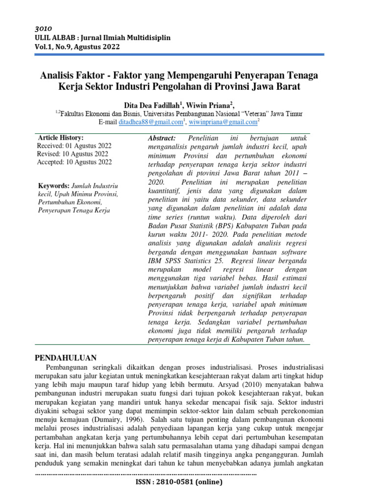 Analisis Faktor - Faktor Yang Mempengaruhi Penyerapan Tenaga Kerja Sektor Industri Pengolahan Di ...