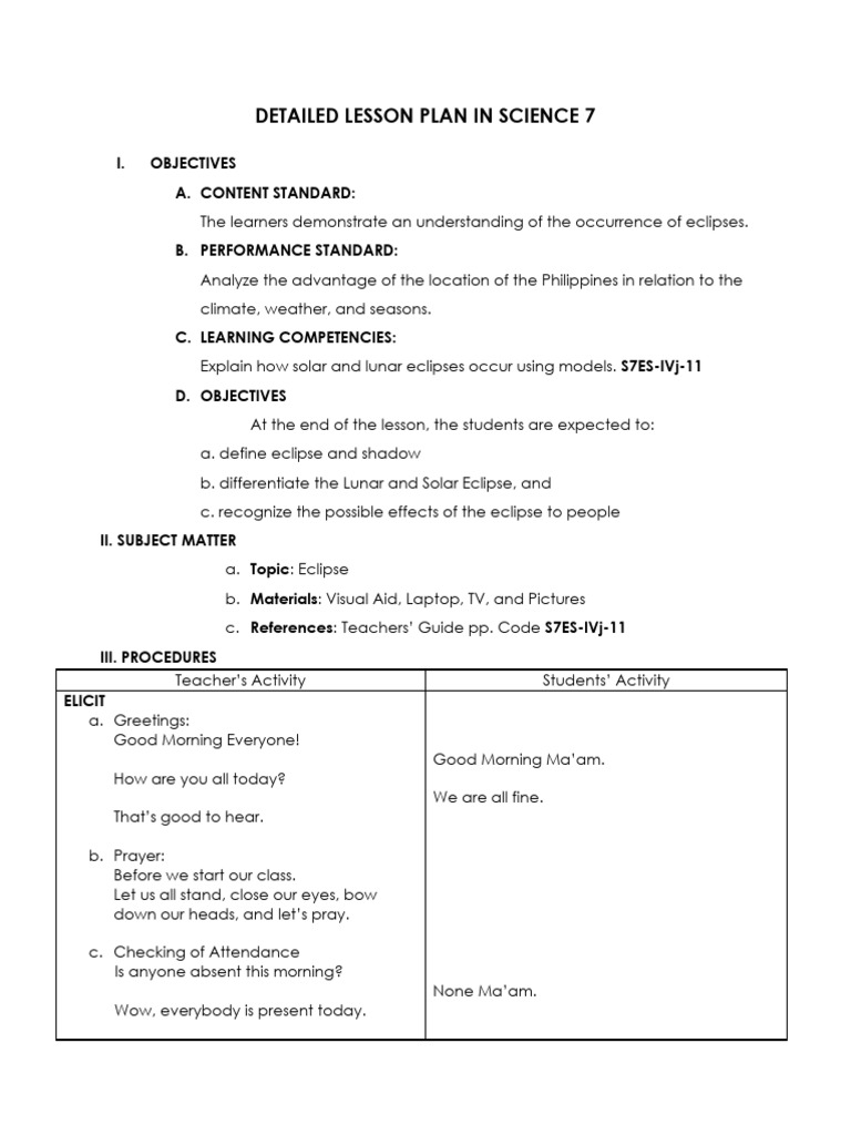 7 Es DETAILED LESSON PLAN IN SCIENCE 7 | Download Free PDF | Solar ...