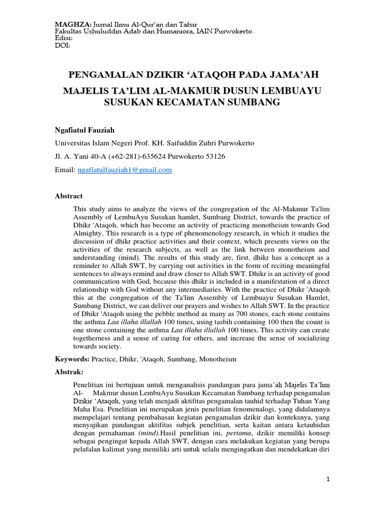 Pengamalan Dzikir Ataqoh Pada Jama'Ah Majelis Ta'Lim Al-Makmur Dusun ...