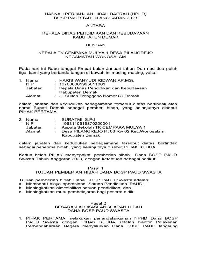 (123dok - Com) Naskah Perjanjian Hibah Daerah NPHD Bosp Paud 2023 PP Pertiwi | PDF