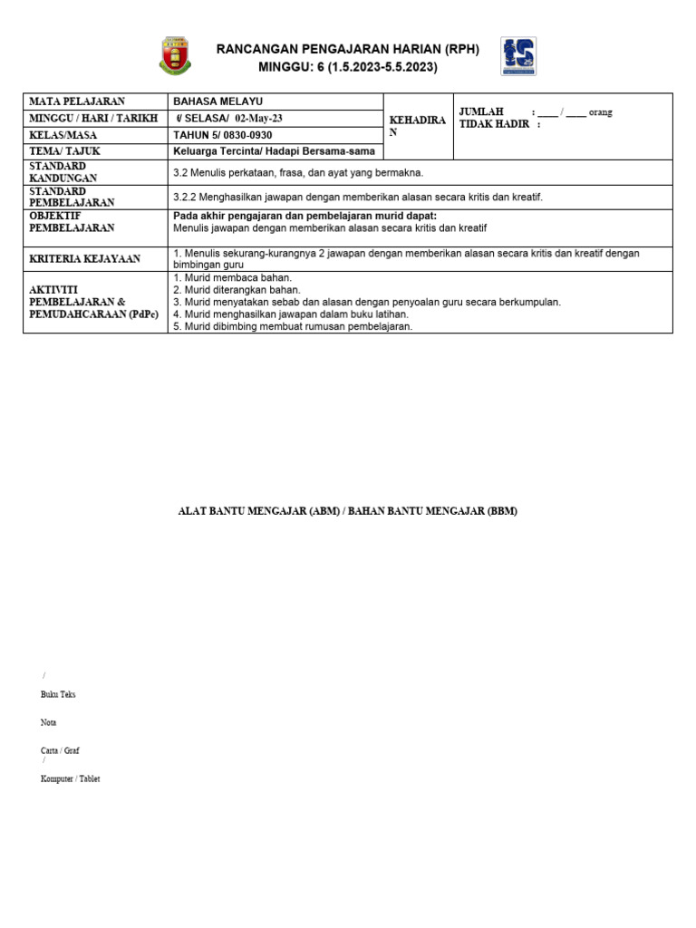 Rancangan Pengajaran Harian (RPH) MINGGU: 6 (1.5.2023-5.5.2023) | PDF