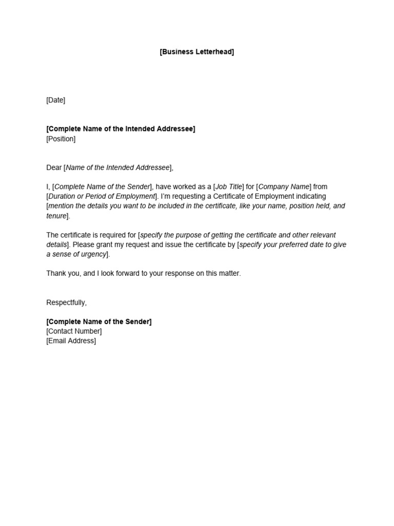 Request Letter For Certificate of Employment Template | PDF