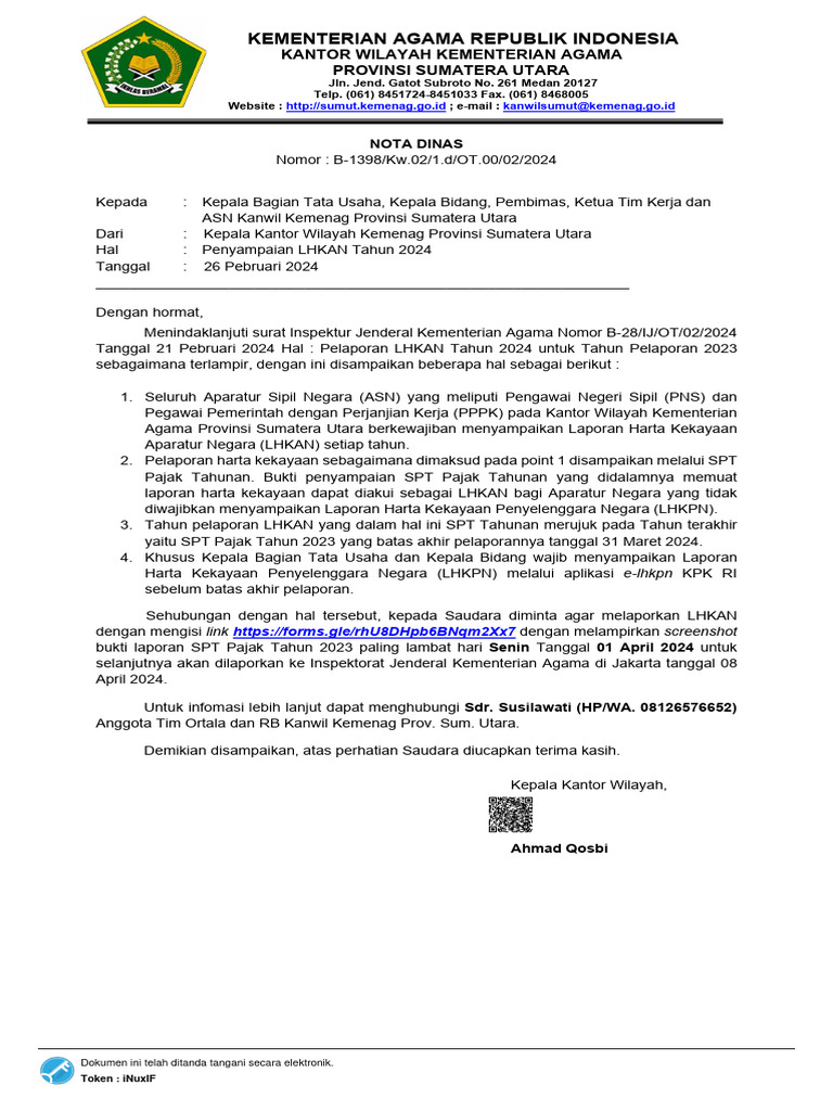Nota Dinas Penyampaian LHKAN | PDF