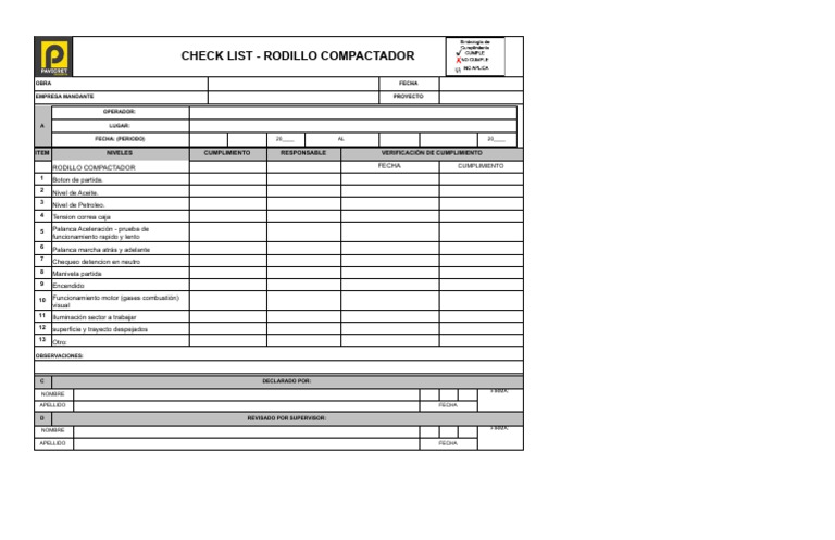 Check List Rodillo Compactador - XLSX - RODILLO COMPACTADOR | PDF