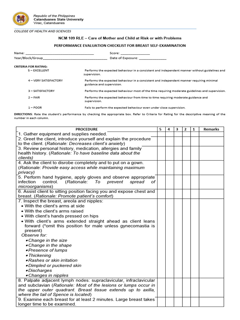 Breast Self-Examination Evaluation Checklist | PDF | Breast | Nipple