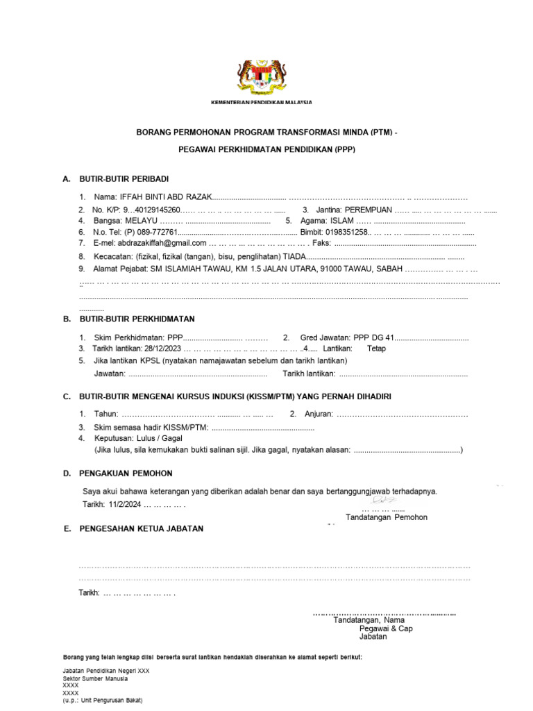 Borang Permohonan PTM PPP Docx... SM Islamiah | PDF