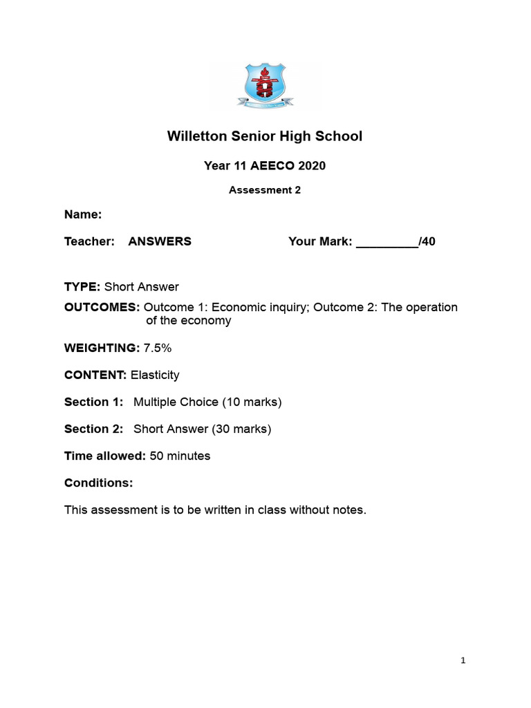 Year 11 AEECO Elasticity Assessment | PDF | Price Elasticity Of Demand ...