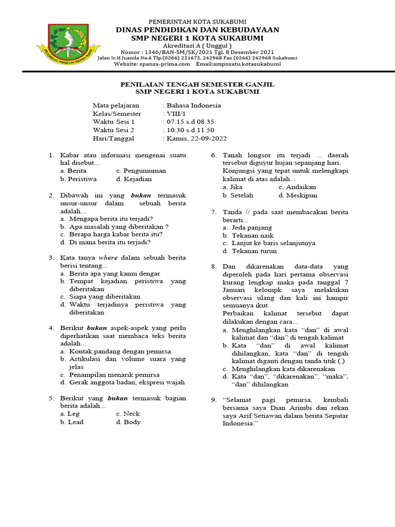 Soal PTS Bahasa Indonesia Kelas 8 | PDF
