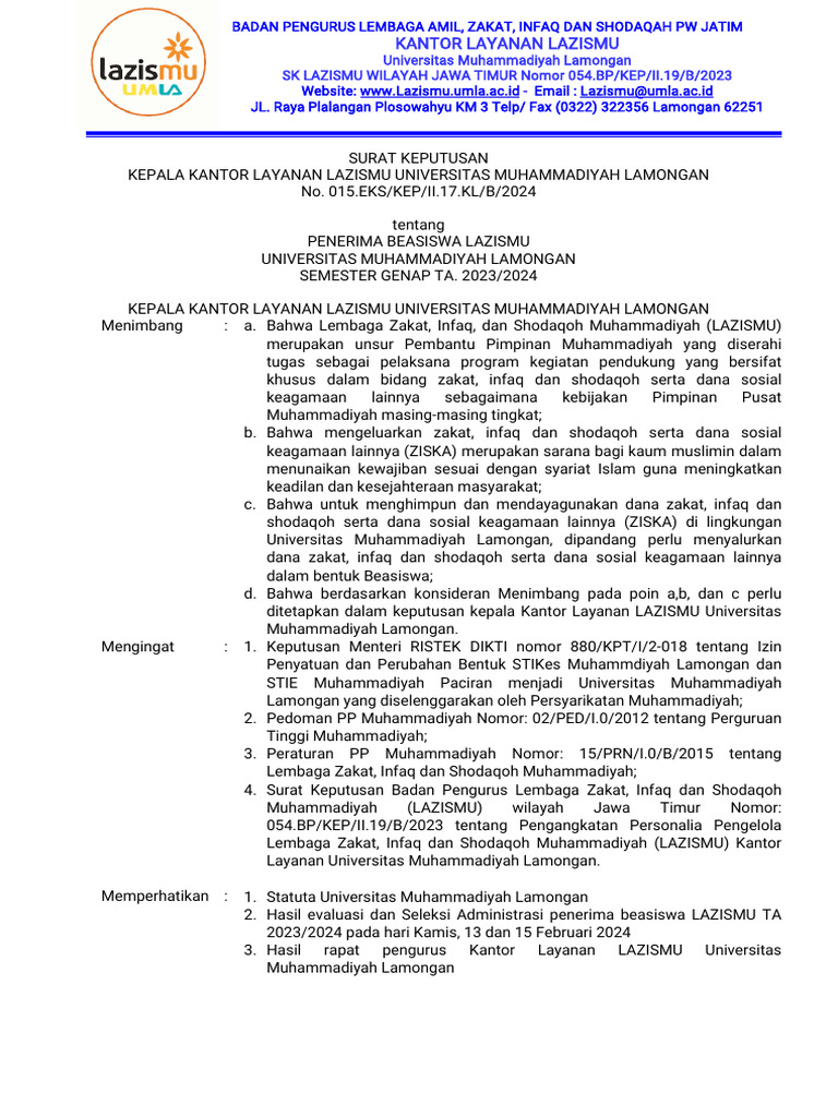 SK Penerima Beasiswa Lazismu Genap 2023-2024 | PDF