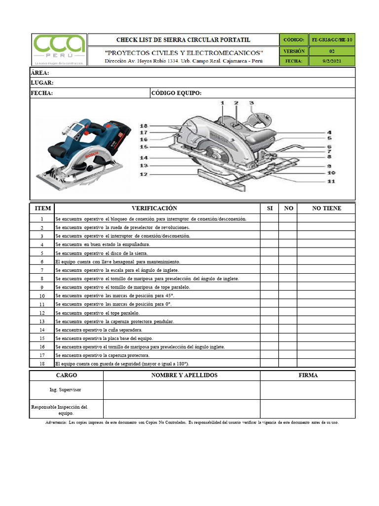 FE-GRI&GCHE-10 Check List de Sierra Circular Portatil V2 | PDF