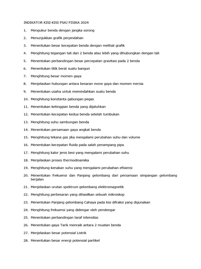 Indikator Kisi-Kisi Psaj Fisika 2024 | PDF | Sains & Matematika