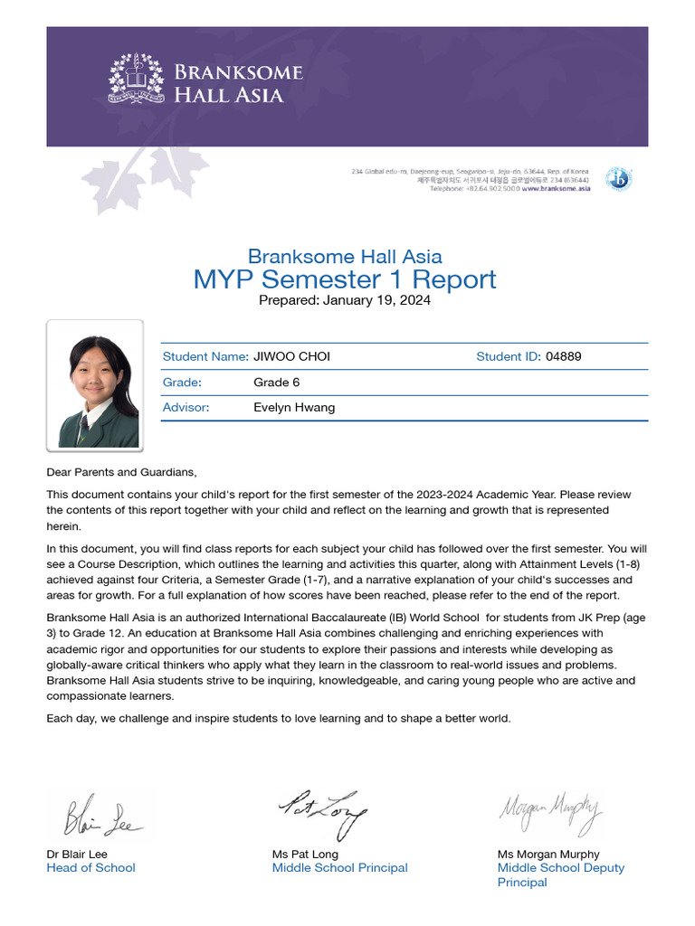 MYP Semester 1 Report for Jiwoo Choi | PDF | Educational Assessment | Knowledge