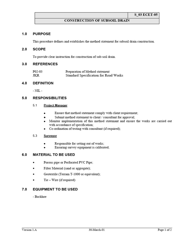 Subsoil Drain Construction Procedure | PDF | Computers