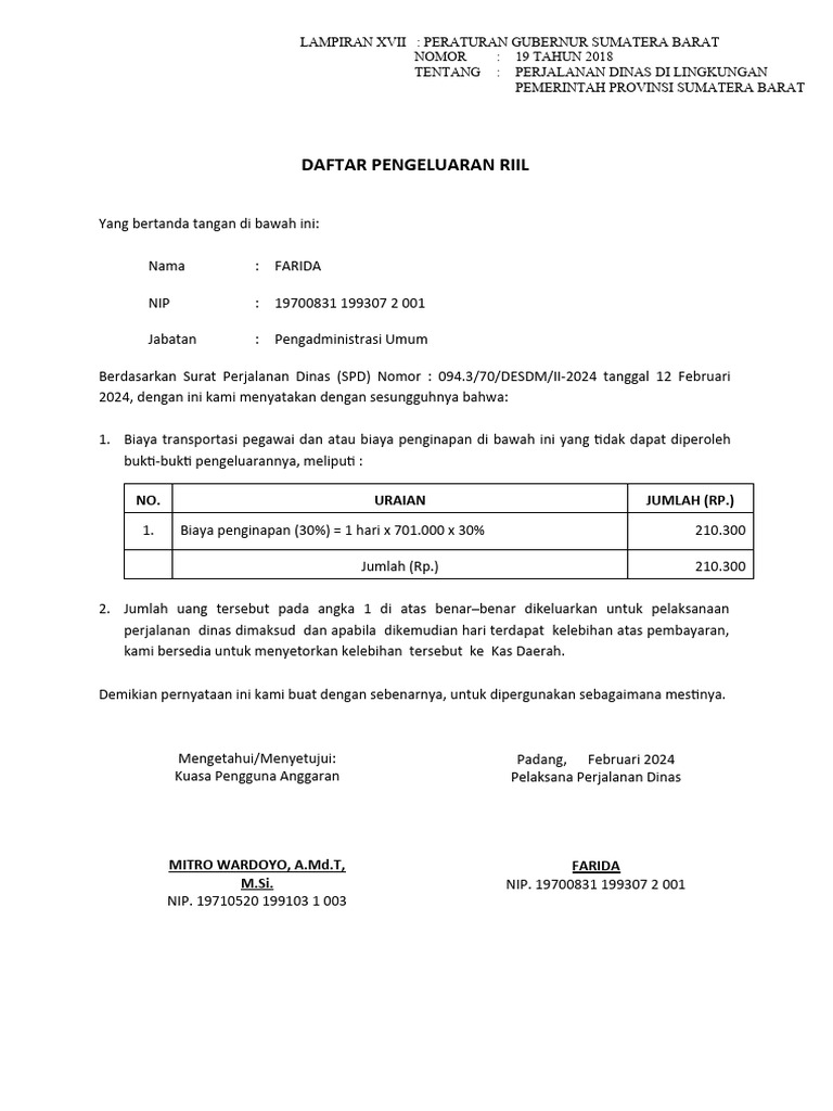 Daftar Pengeluaran Riil DD Farida 20240314 | PDF