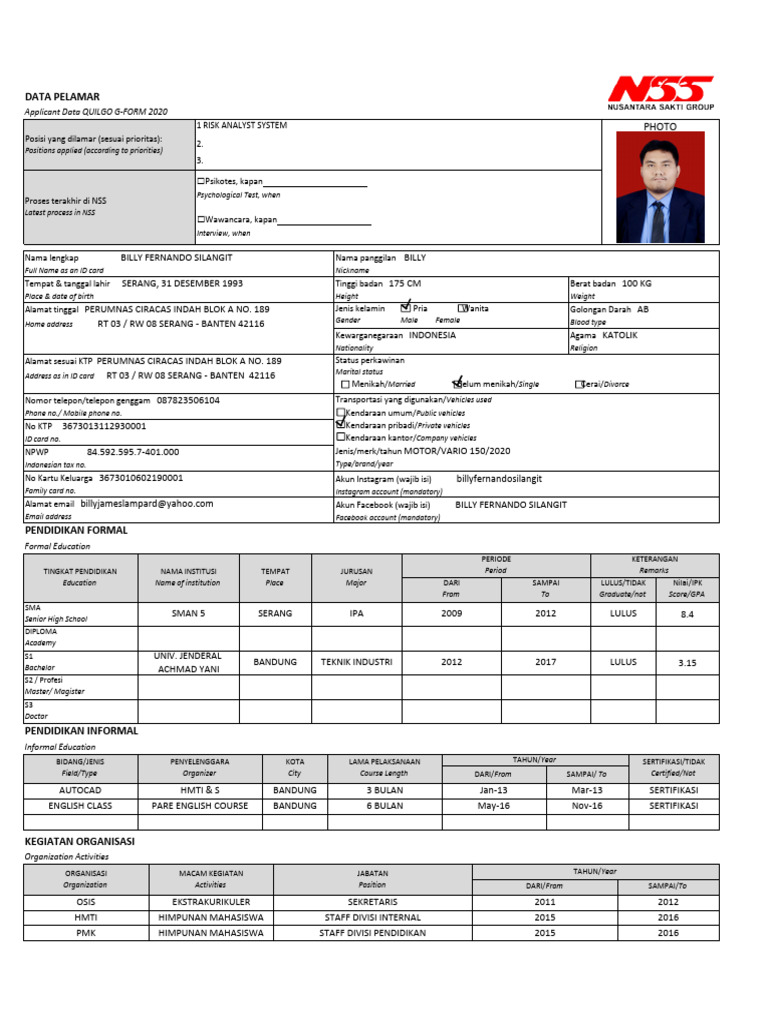 Form Biodata NSS 20216 | PDF