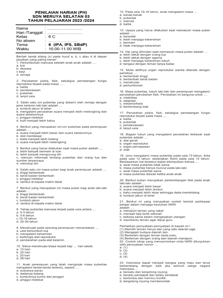 SOAL PH TEMA 6 KELAS 6_IPA_IPS_SBdP | PDF