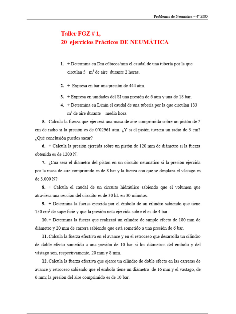 Taller 20 Ejercicios Prácticos DE NEUMÁTICA | PDF | Presión | Neumática