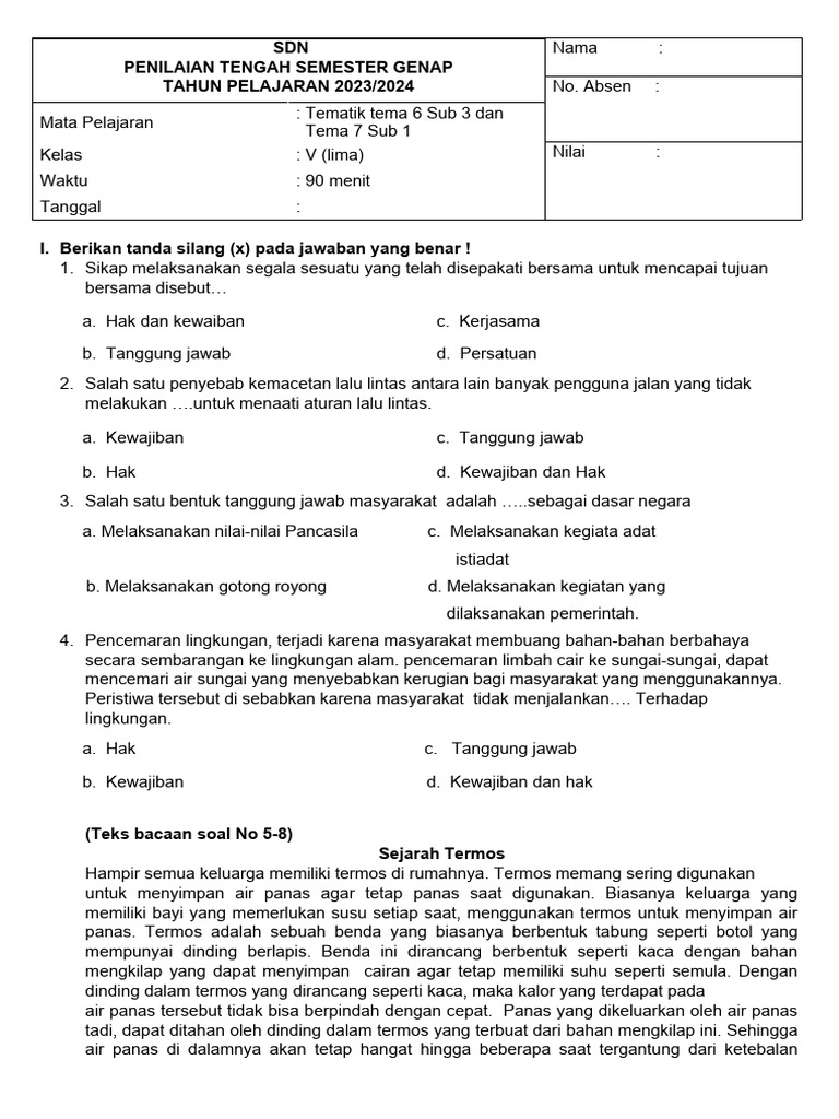 Soal PTS Kelas 5 Tema 6 Sub 1 Dan Tema 7 Sub 1 - SDN Saparako | PDF