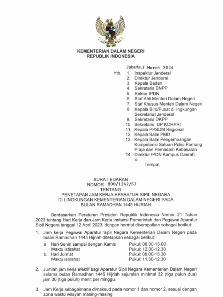 Se Penetapan Jam Kerja Pada Bulan Ramadhan 1445 Hijriah | PDF