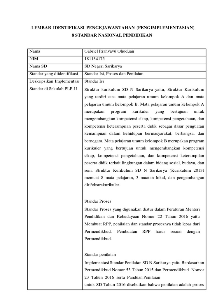 Implementasi 8 Standar Pendidikan SDN Sarikarya | PDF