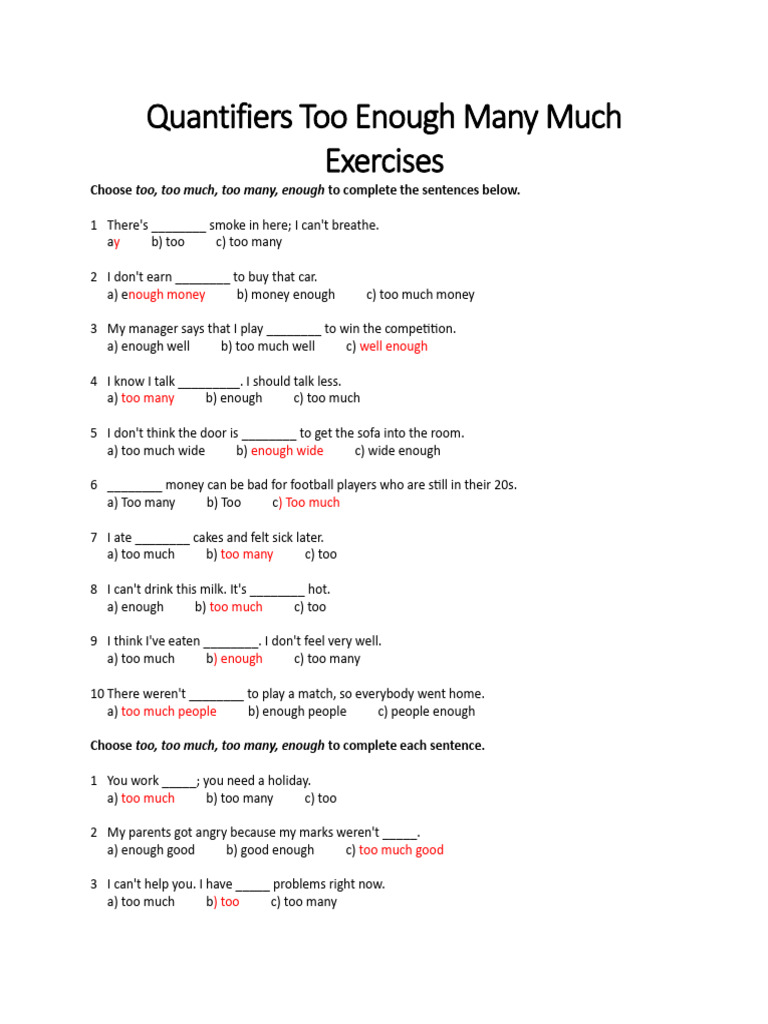 Quantifiers Too Enough Many Much Exercises | PDF | Career & Growth | Home & Garden