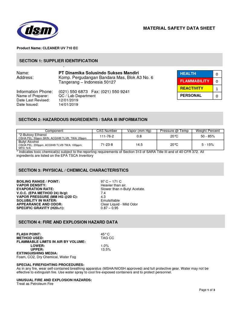 MSDS - Cleaner UV 710 ECOSOL | PDF | Personal Protective Equipment | Combustion