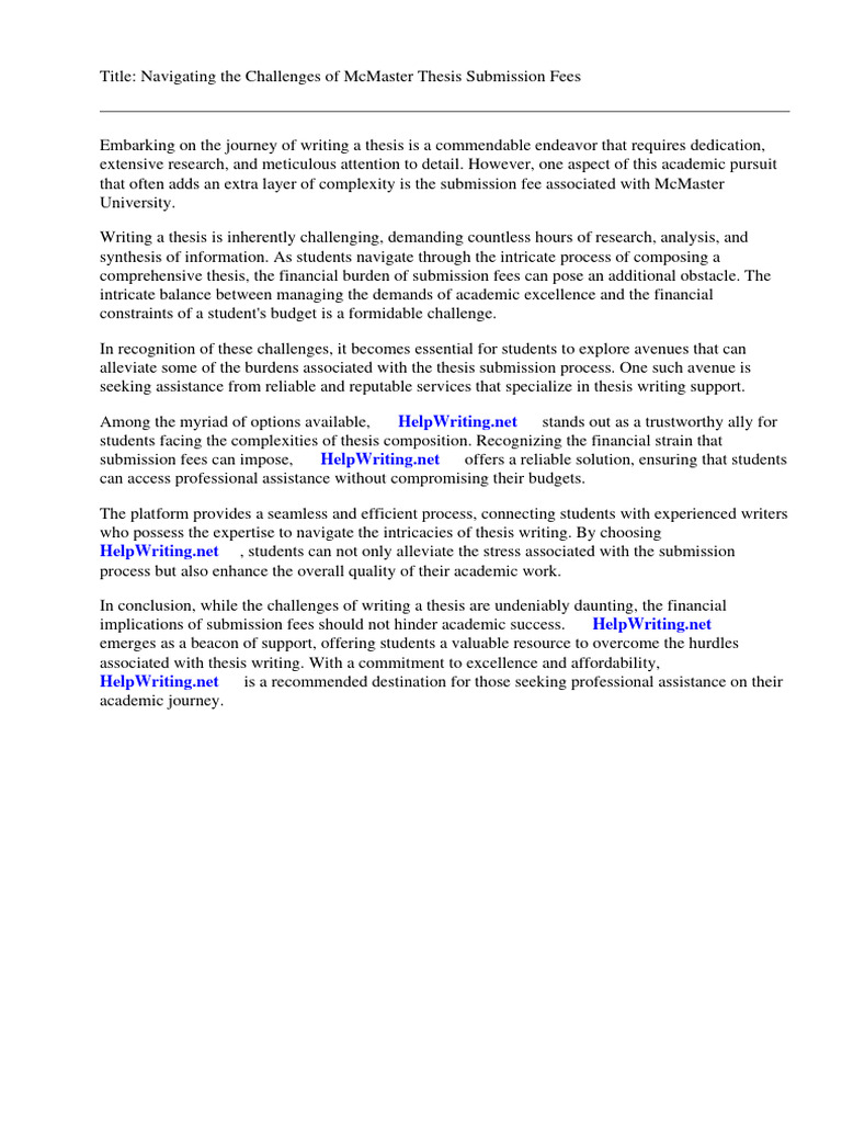 Mcmaster Thesis Submission Fee | PDF | Thesis | Doctor Of Philosophy