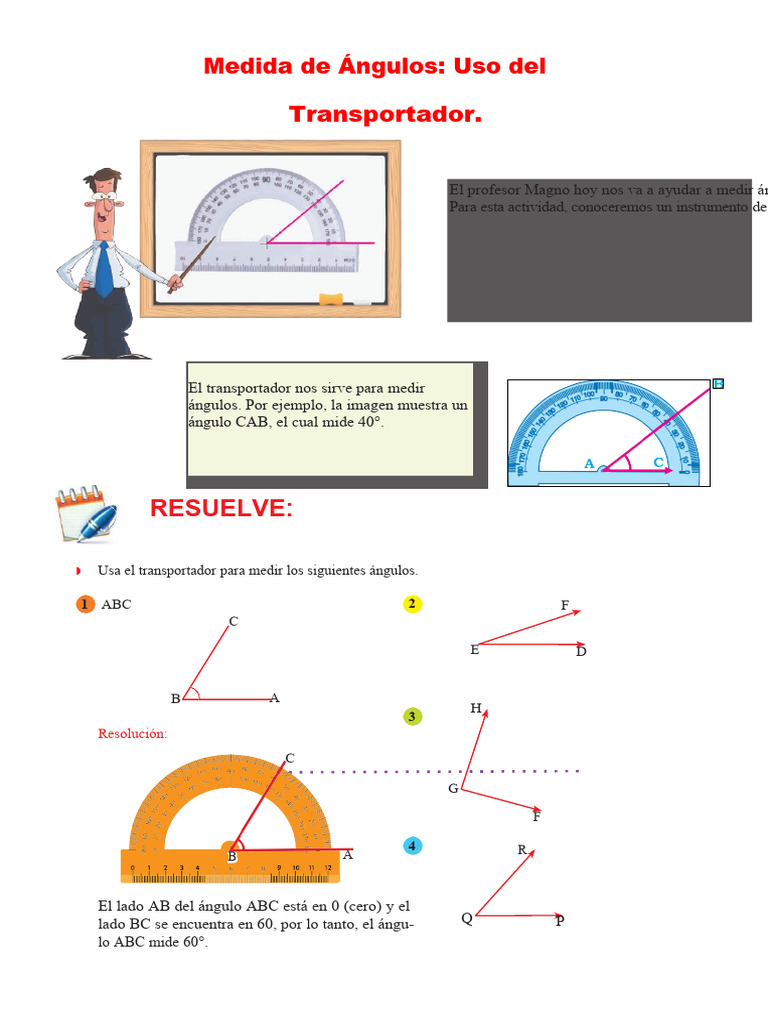 Uso del Transportador para Medir Ángulos | PDF