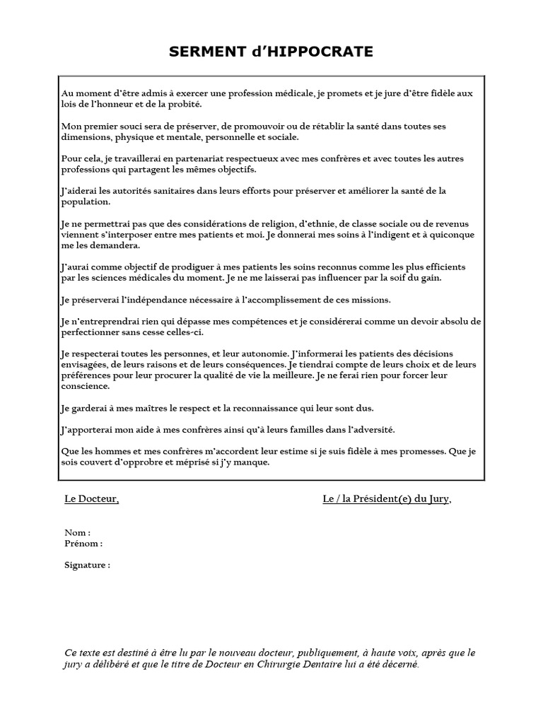 Serment d'Hippocrate pour Dentistes | PDF