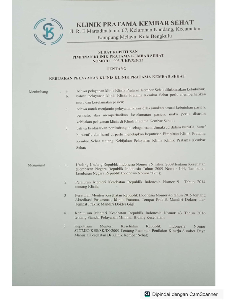SK Kebijakan Pelayanan Klinik Klinik Kembar | PDF