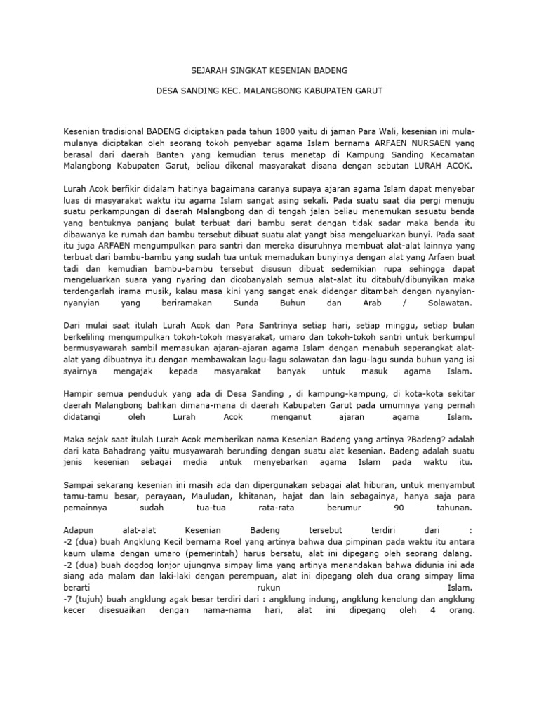 Sejarah Singkat Kesenian Badeng | PDF | Ilmu Sosial | Seni