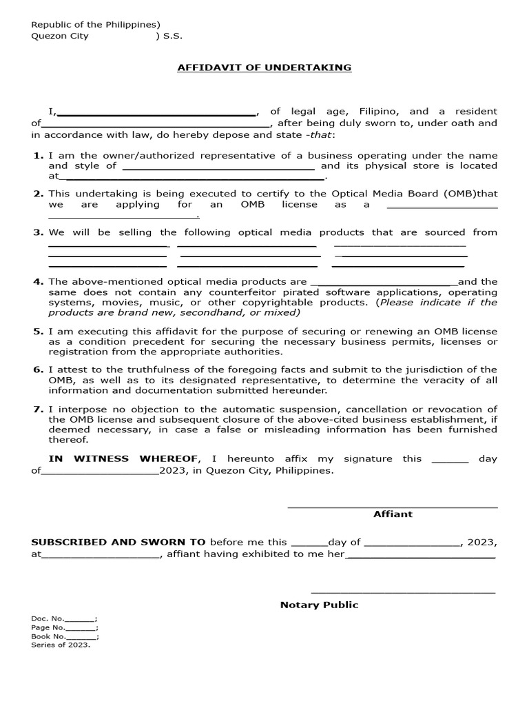 OMB License Affidavit of Undertaking | PDF | Affidavit | Legal Documents