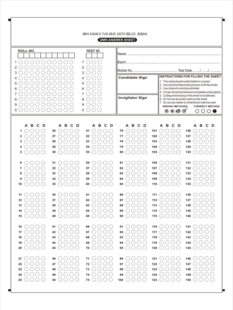 150 Questions OMR Sheet | PDF | Writing Implements | Stationery