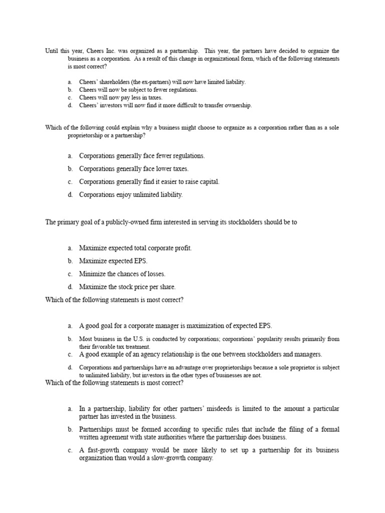 Introduction To Finance Quiz Practice | PDF | Business | Sole ...