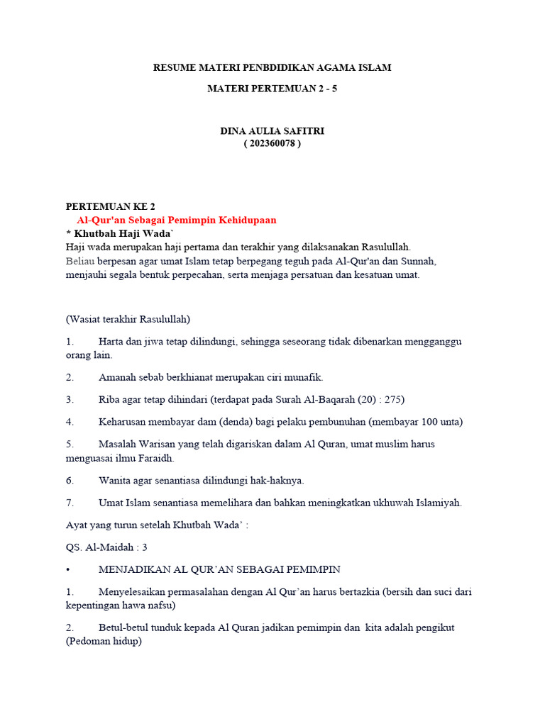 Dina AULIA Safitri - RESUME MATERI PENBDIDIKAN AGAMA ISLAM-1 | PDF ...