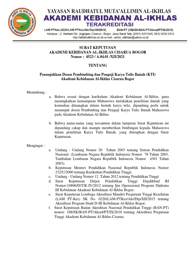 SURAT KEPUTUSAN DOSEN PEMBIMBING Dan Penguji KTI Genap 2021-2022 | PDF