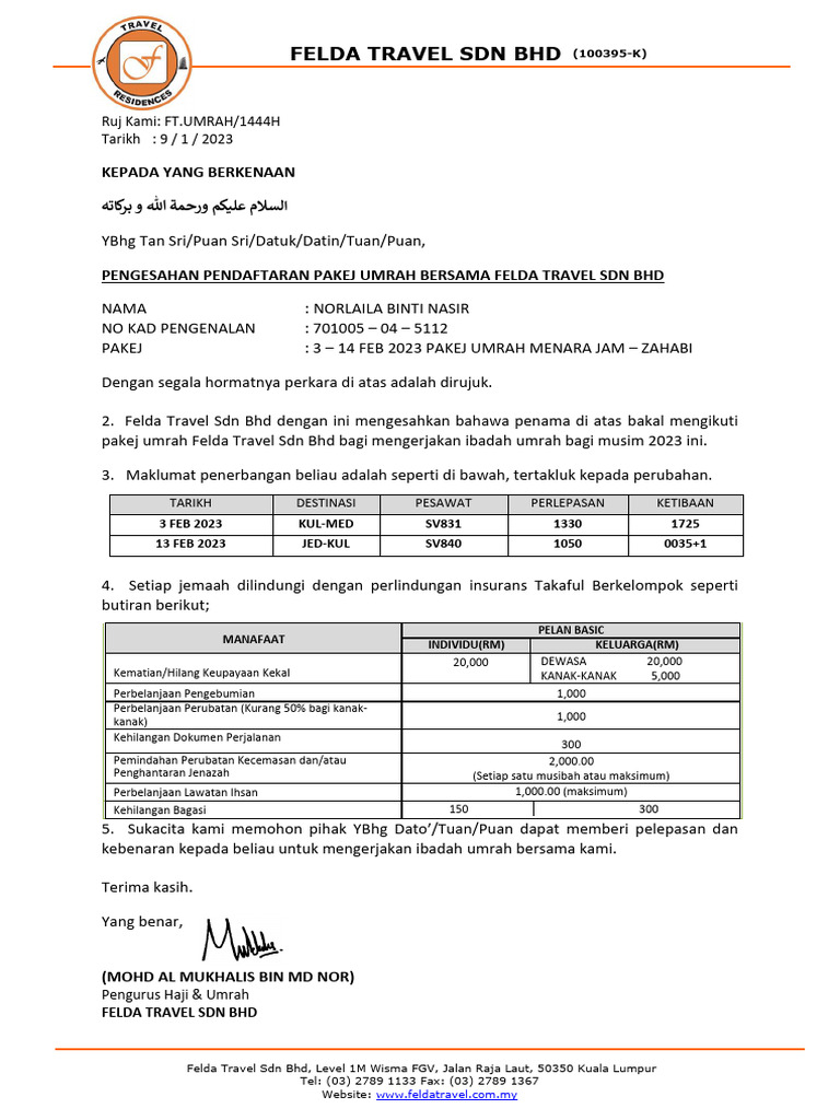 Surat Pengesahan Umrah Felda Travel Complete - Norlaila Binti Nasir | PDF