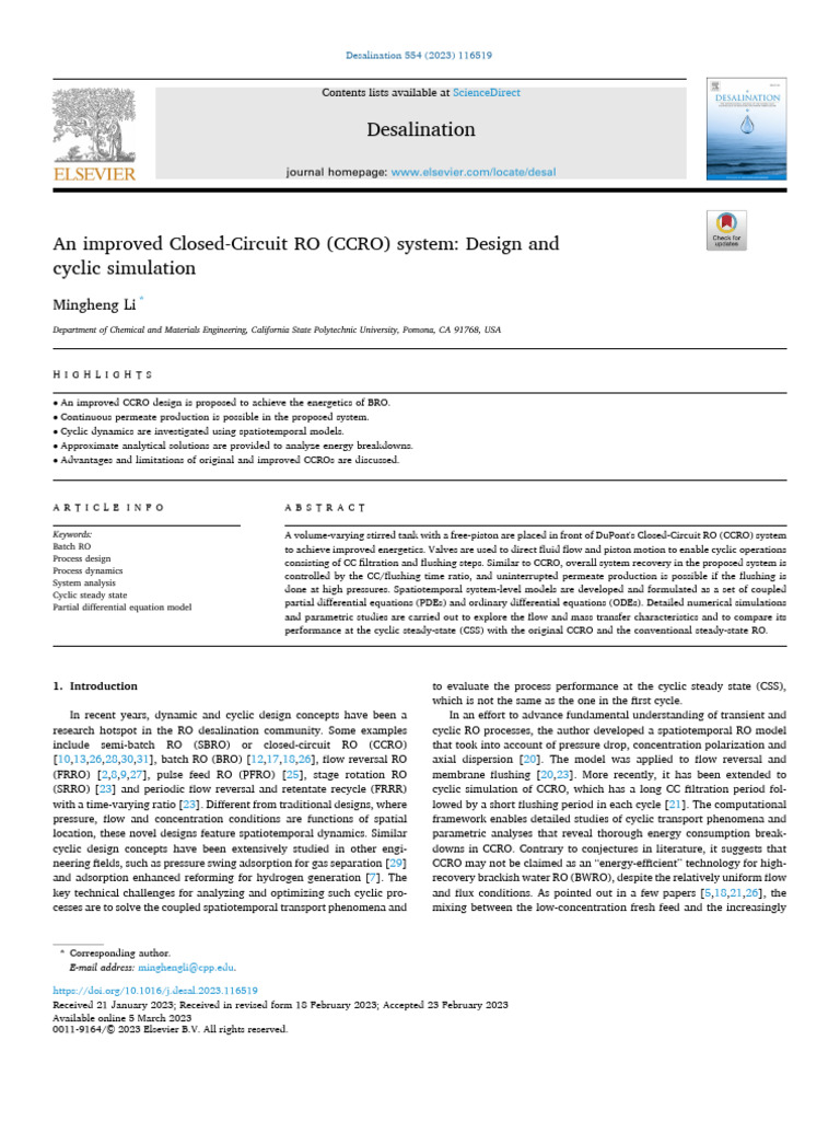 An Improved Closed-Circuit RO (CCRO) System - Design and Cyclic Simulation | PDF | Membrane ...