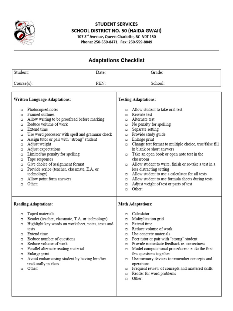 Adaptations Checklist | PDF | Learning | Human Communication