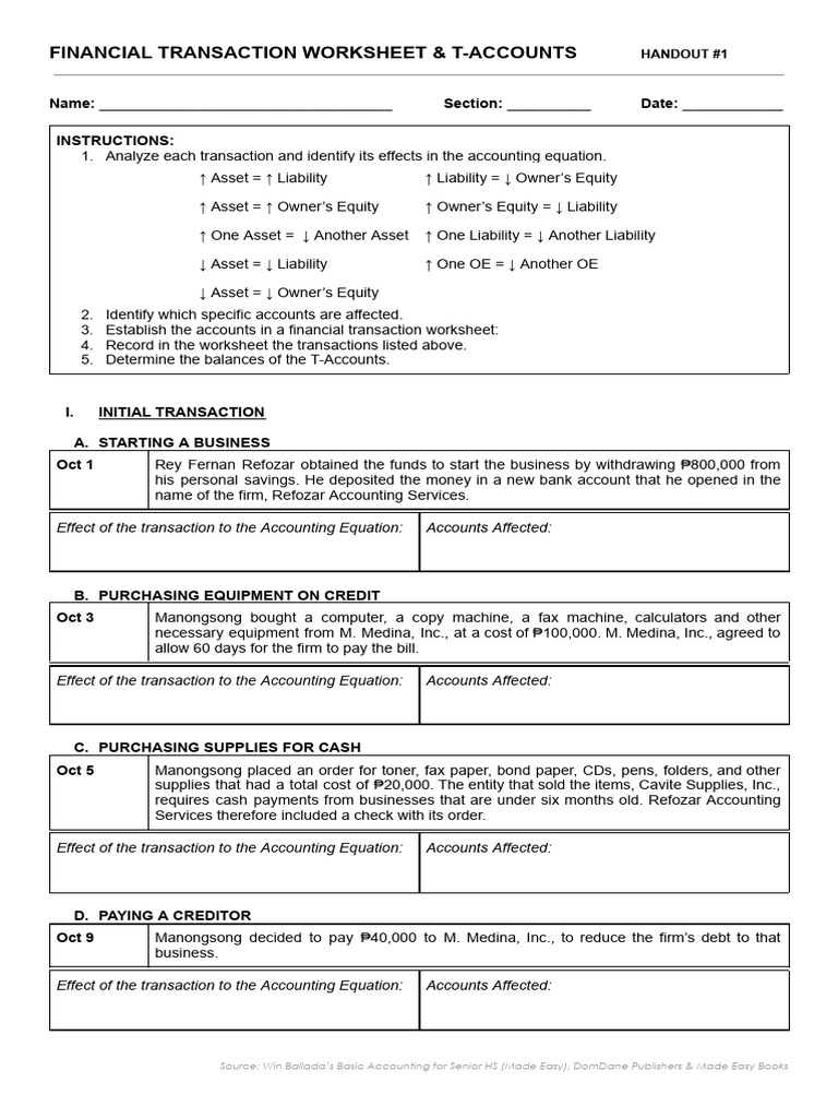 Financial Transaction Worksheet | PDF | Debits And Credits | Personal ...