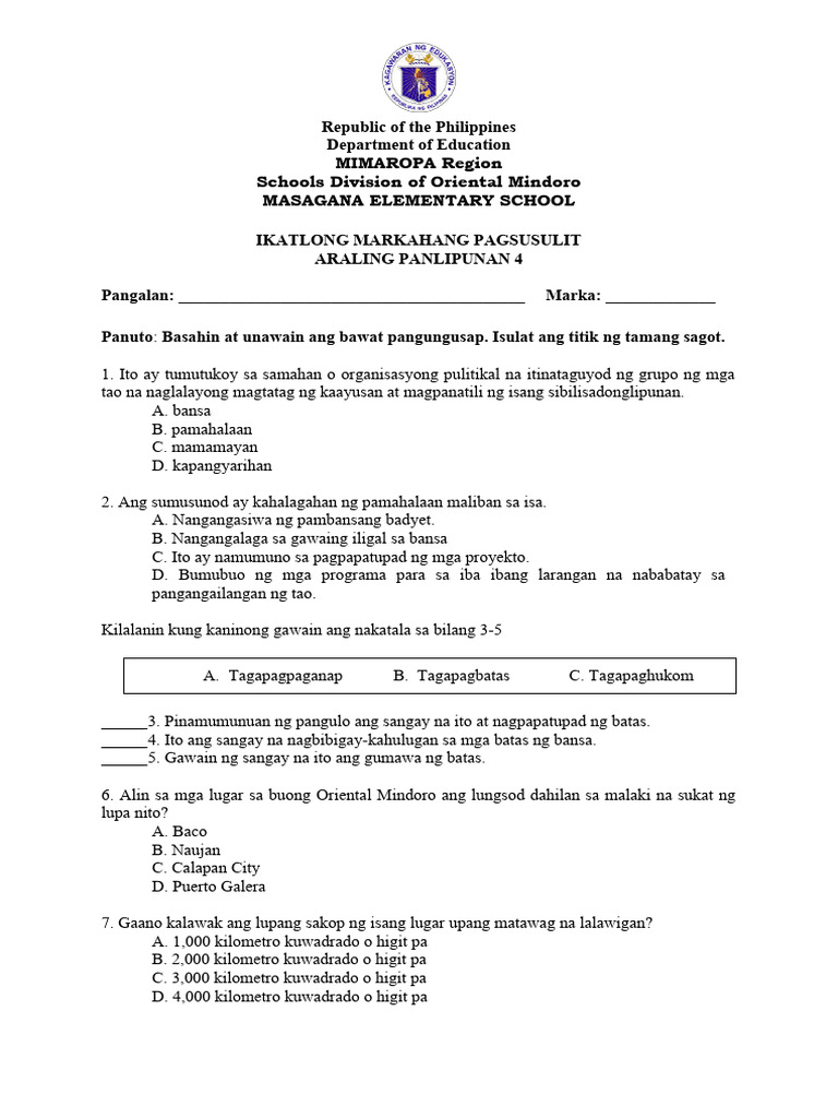 Third Periodical Test in Ap 4 2022-2023 New Pupils | PDF