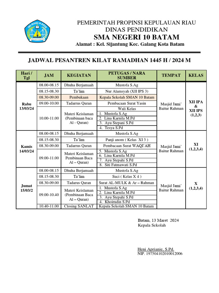 Jadwal Pesantren Kilat 2024 | PDF