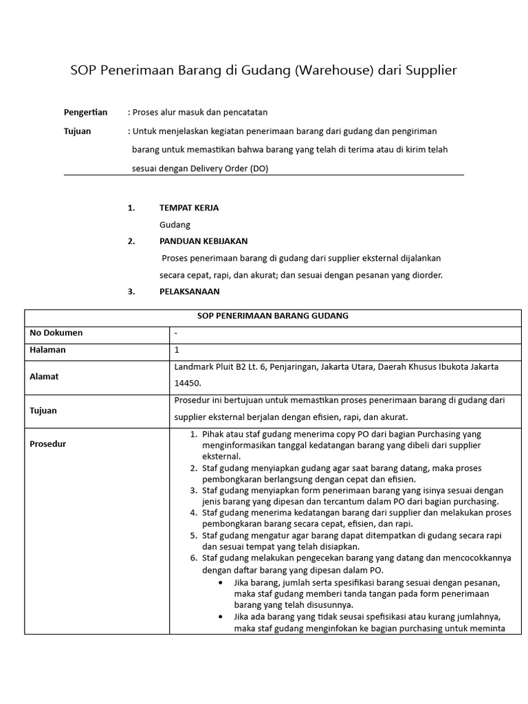 SOP Penerimaan Barang dari Supplier | PDF