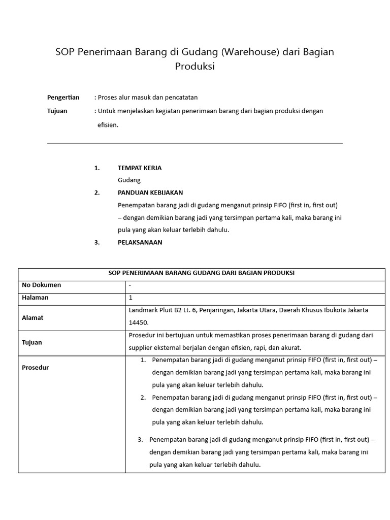 SOP Penerimaan Barang Gudang FIFO | PDF