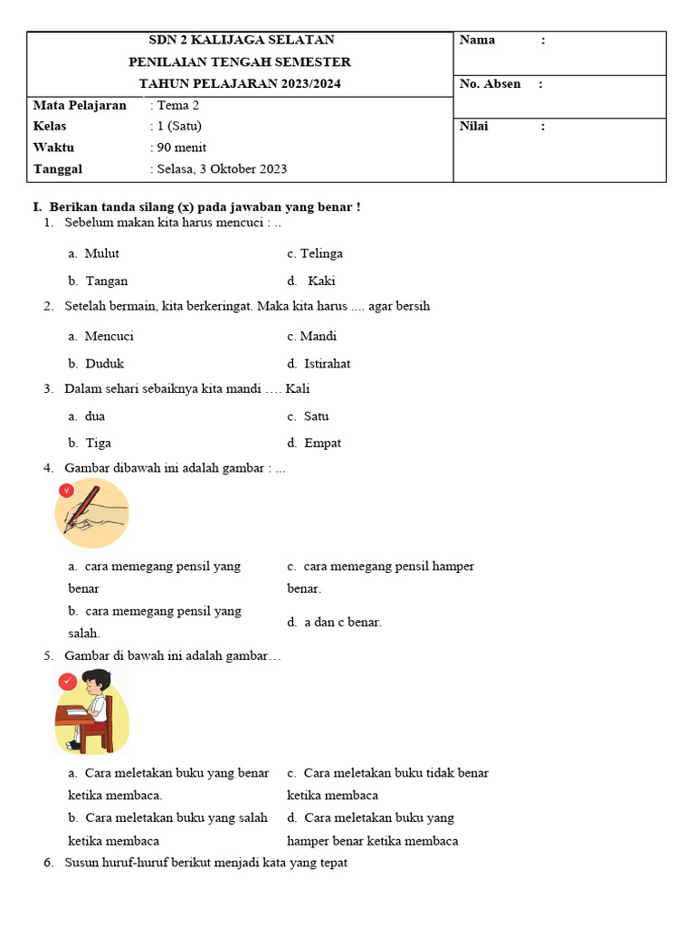 Soal PTS Kelas 1 SMT 1 Tema 2 | PDF | Seni & Disiplin Bahasa