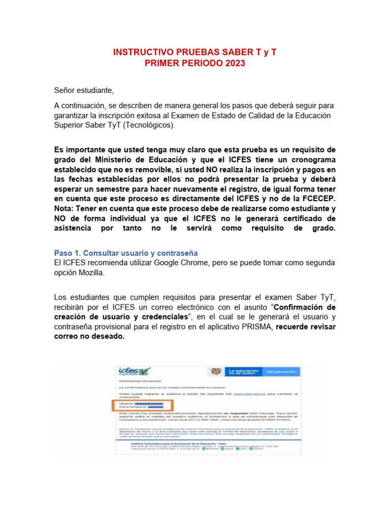 INSTRUCTIVO PRUEBAS SABER T y T 2023-1 | PDF | Tarjeta de débito | Contraseña