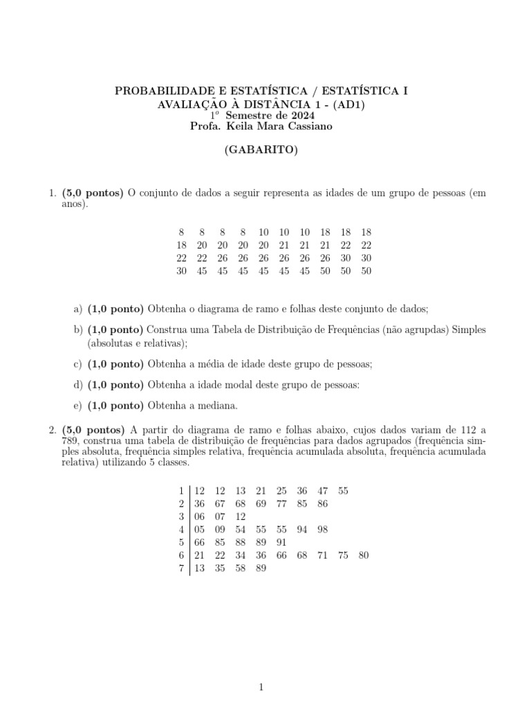 Ad1 Probest Gabarito 2024-1 | PDF | Mediana (Estatística) | Aritmética