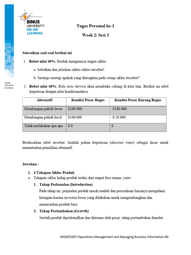 Tugas Personal Ke-1 Week 2/ Sesi 3: MGMT6397-Operations Management and Managing Business ...
