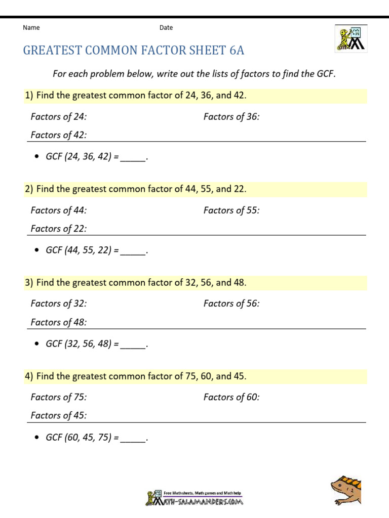 GCF Practice Worksheet | PDF | Teaching Methods & Materials | Science & Mathematics